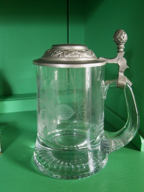 German Etched Crystal Glass Stein With Zinn Pewter Lid By Msink
