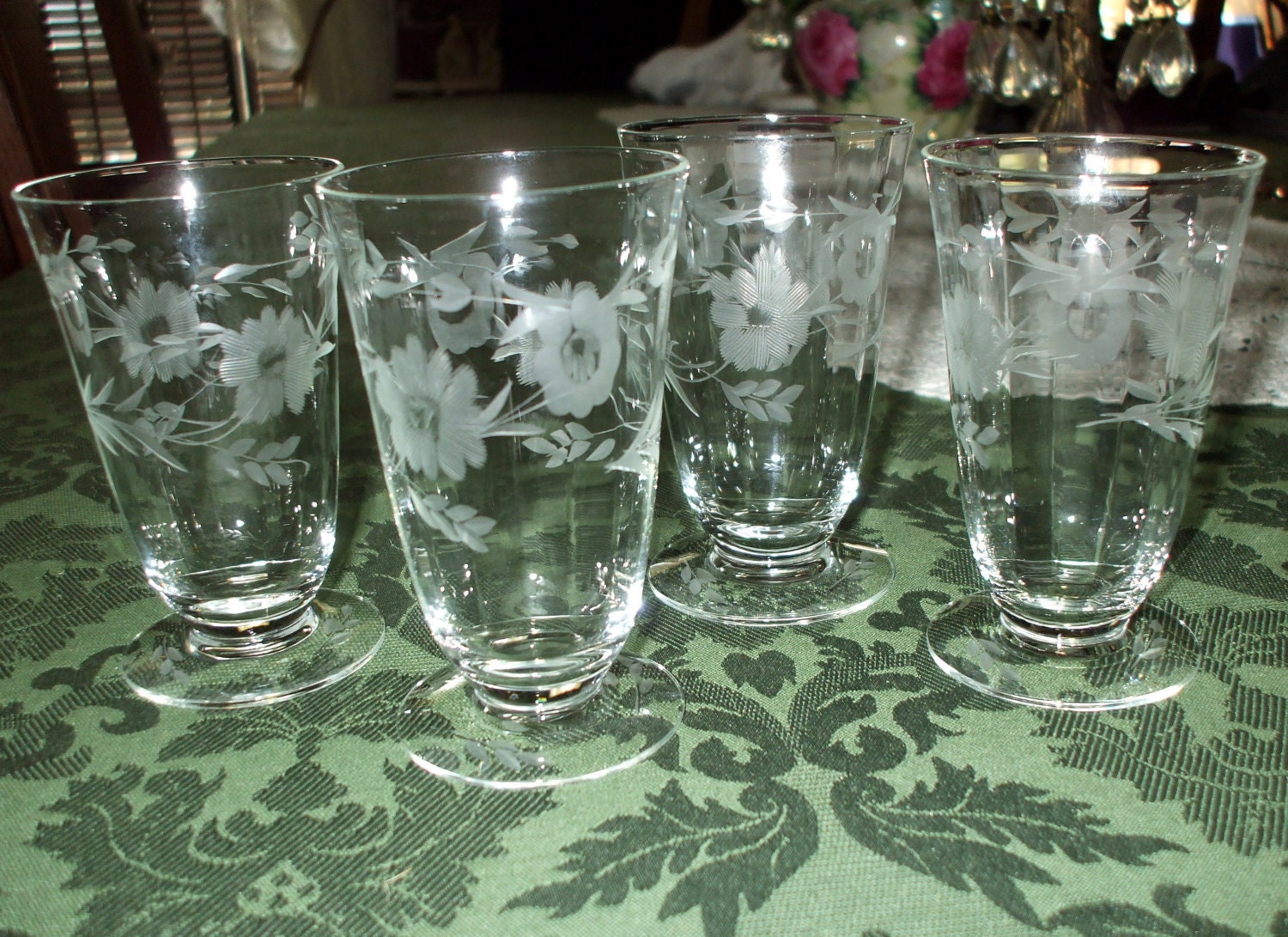 Crystal Stemware Juice Glasses Etched Floral By Dawnsvintagedecor