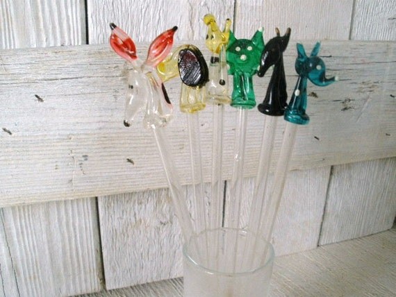 Glass swizzle sticks cocktail stirrers vintage by AVelvetLeaf Glass swizzle sticks cocktail stirrers vintage by AVelvetLeaf