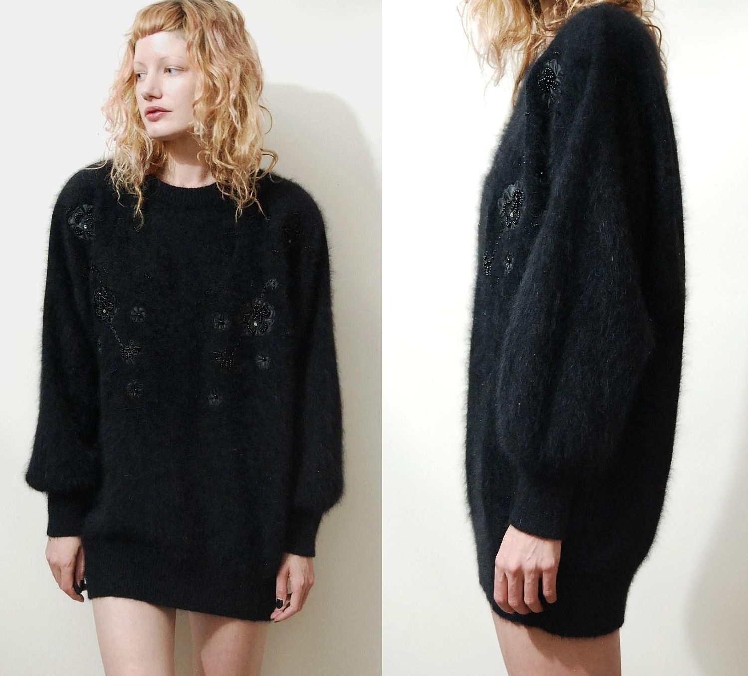 80s Vintage Fluffy Angora Sweater Jumper Black Knit By Cruxandcrow