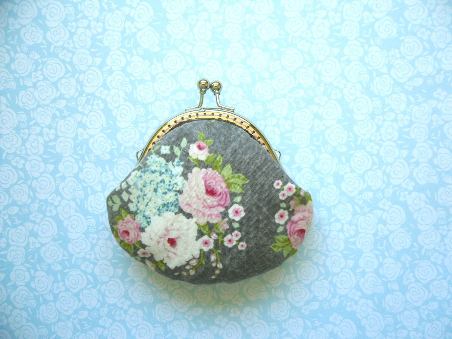 Handmade Coin Purse Floral In Grey With Kiss By Cutefairybear Handmade Coin Purse Floral In Grey With Kiss By Cutefairybear