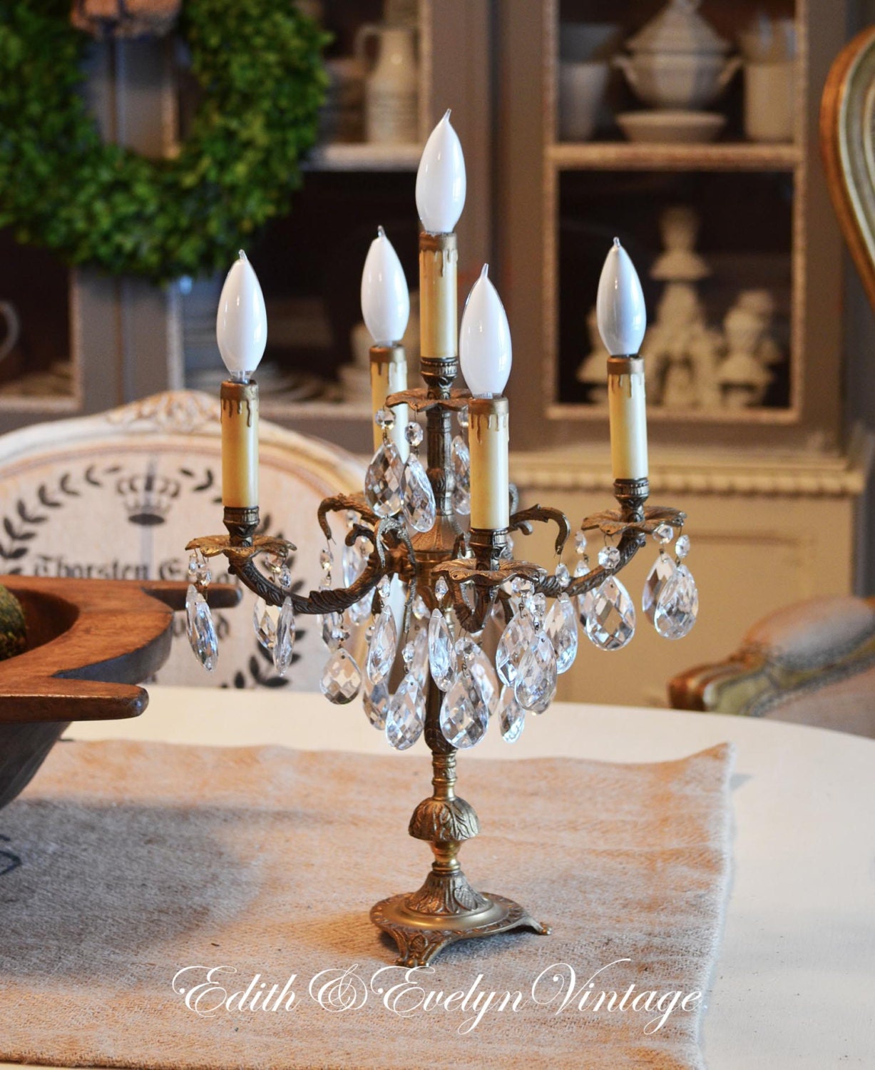Antique Brass Candelabra Lamp Crystal Prisms by edithandevelyn Antique Brass Candelabra Lamp Crystal Prisms by edithandevelyn