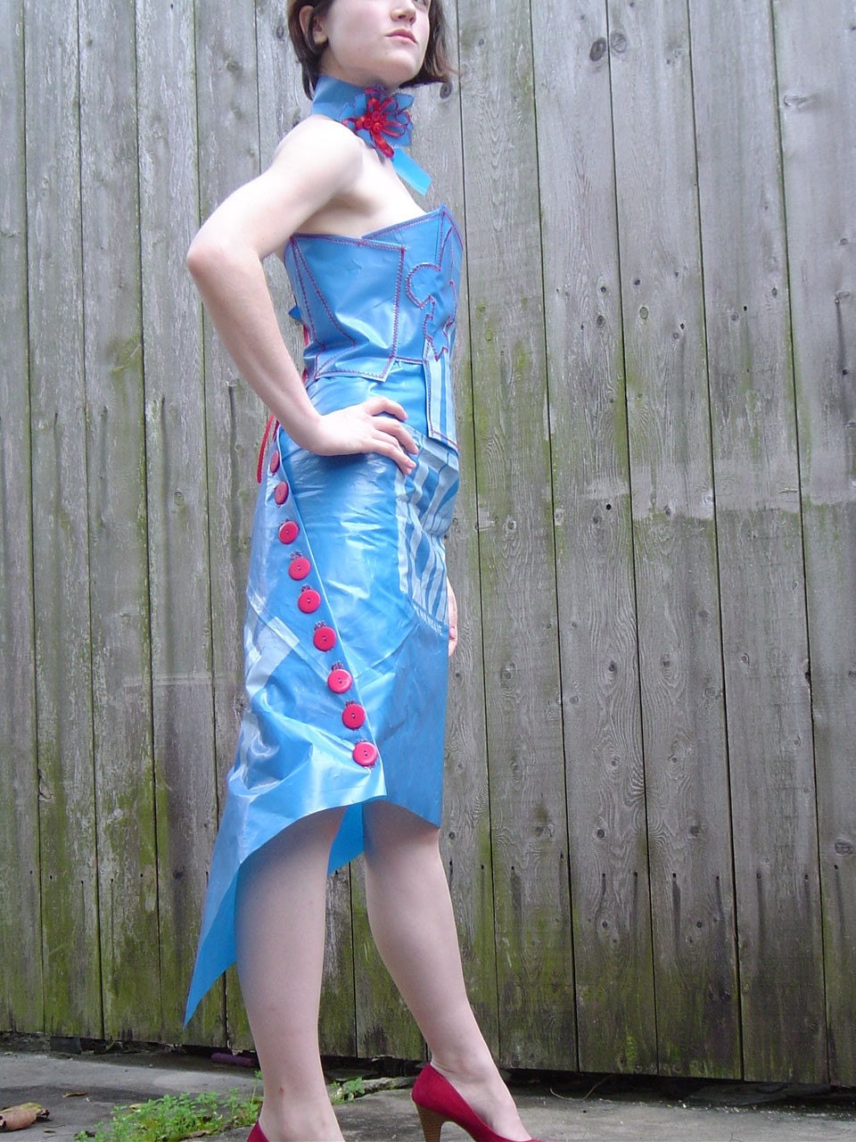 Recycled FEMA Blue Tarp Bustier and Skirt with Flower Choker