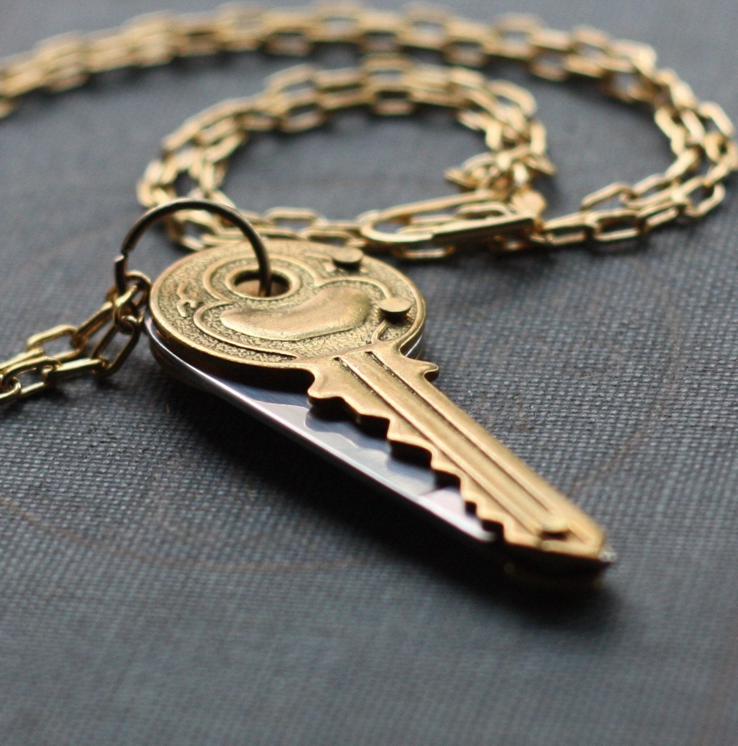 Vintage Brass Key Shaped Pocket Knife Necklace