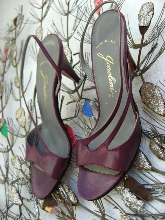 70s Italian Plum Shoes Strappy Slingback Sandals Peep Toe