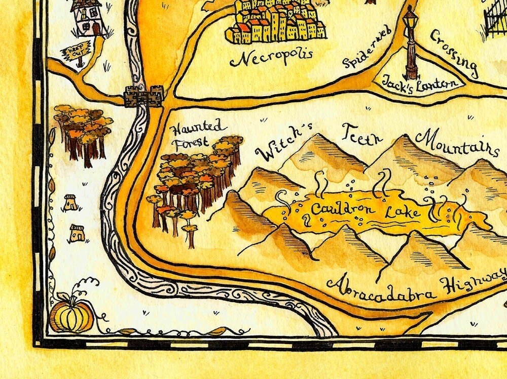 Halloweenland Map 11 x 14 Print / Watercolor Map / by paintandink