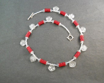 Peachy Beaded Bead Necklace With Carved Shell by HillcrestStudio