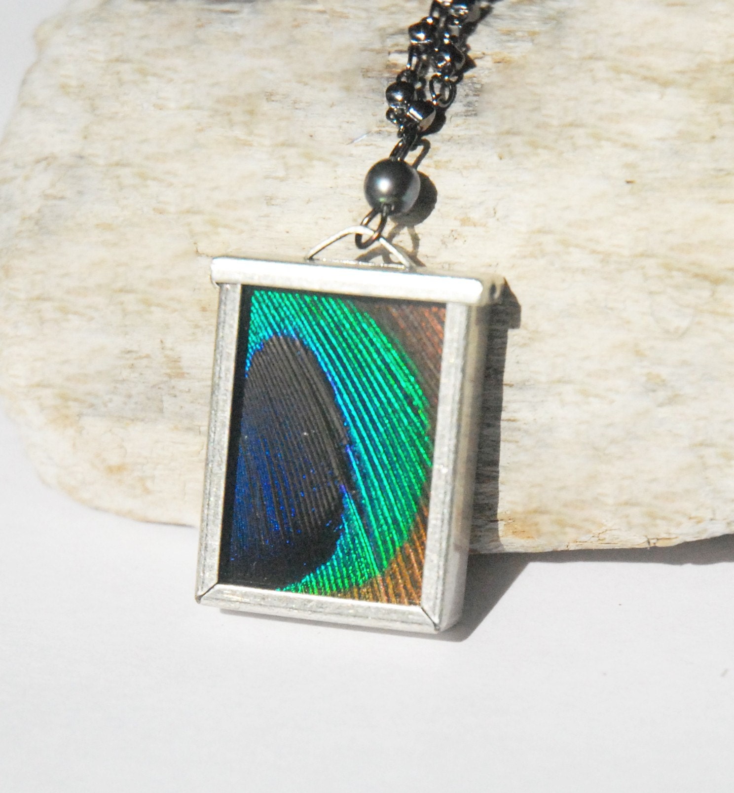 Real Peacock Feather Brass Picture Frame Two-Sided Glass