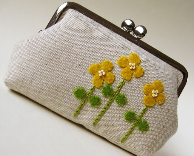 Handmade frame purse mustard flowers on linen