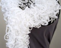 Hand knit ruffled scarf in white, trendy scarf, lightweight scarf ...