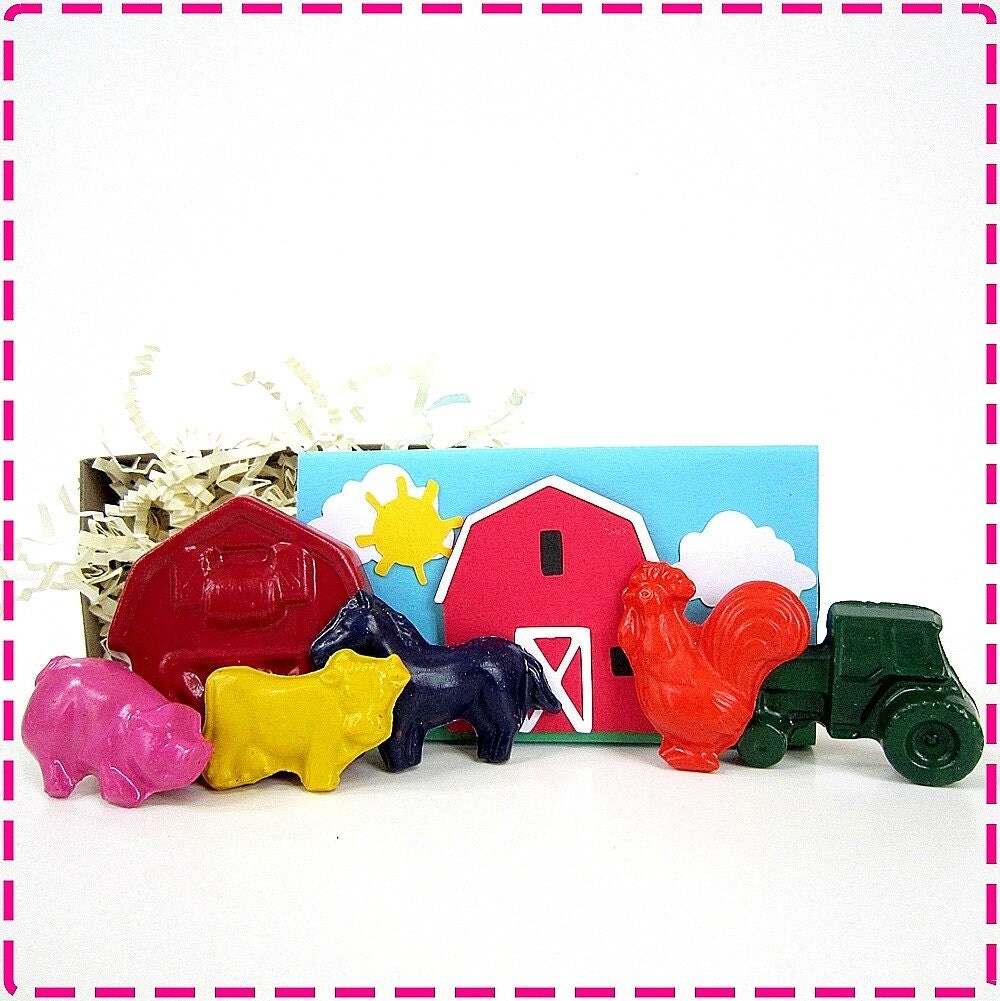 Kids BARNYARD FARM CRAYON Box Barn Tractor Pig by ivylanedesigns