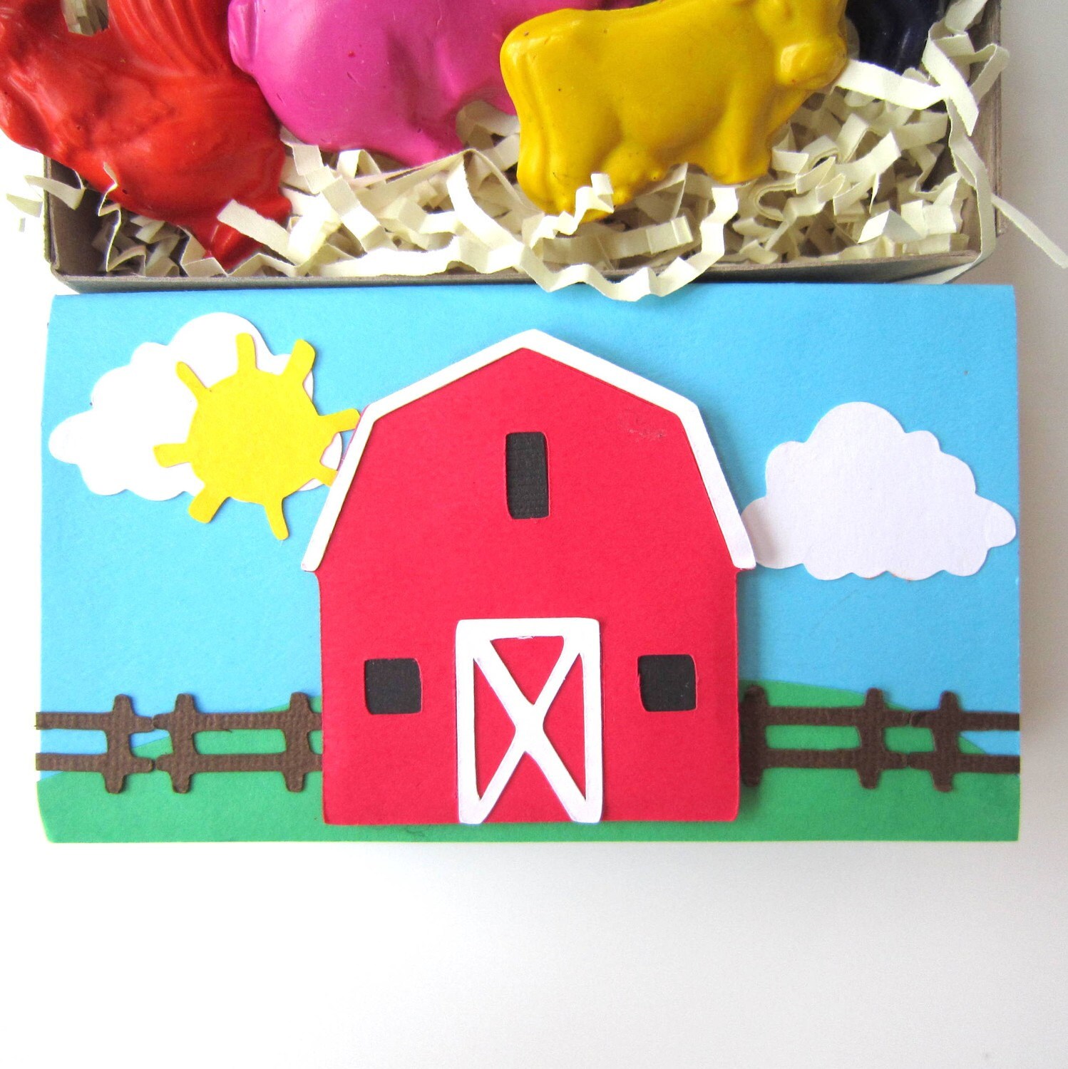 Kids BARNYARD FARM CRAYON Box Barn Tractor Pig by ivylanedesigns