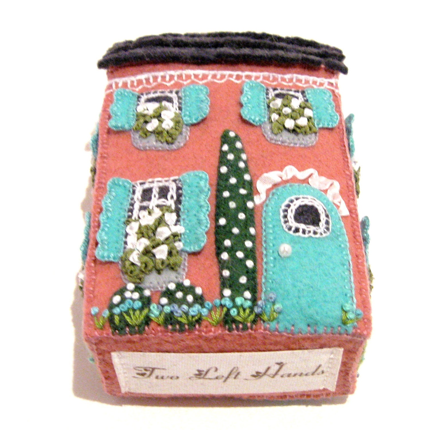 Pink Soap Box House Mimiature Hand Embroidered by TwoLeftHands