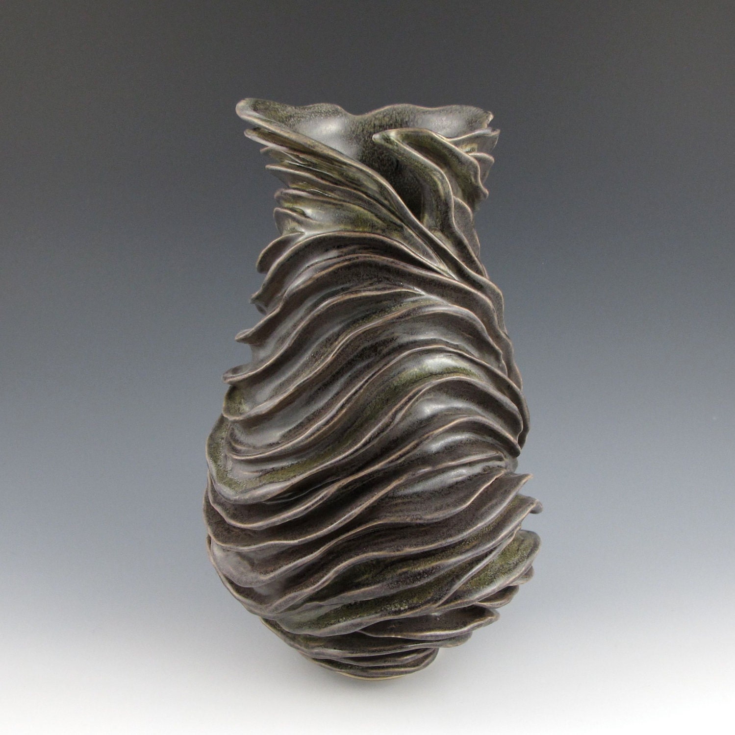 Carved Modern Sculptural Ceramic Pottery Vessel: Semi Matte