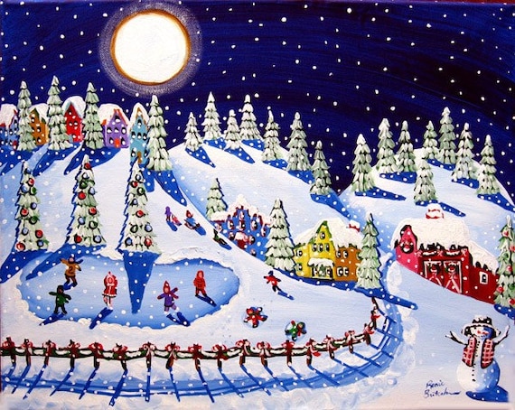 Winter Folk Art Christmas Whimsical Colorful by reniebritenbucher