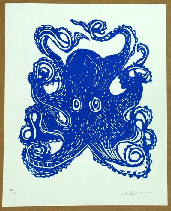 Blue Octopus Linocut 9x12