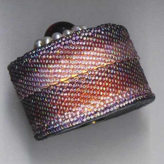 Beadwoven/ Beaded Jewelry Box . Genuine Pearls . Purple