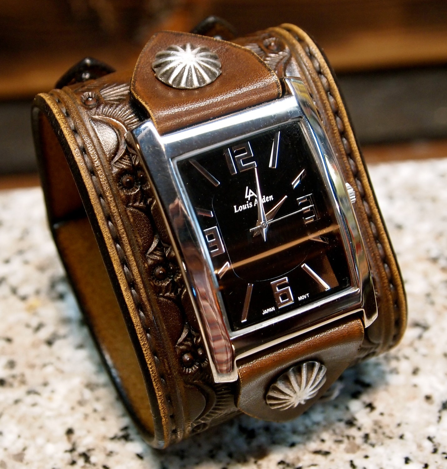 Leather cuff watch hand tooled old west style unisex