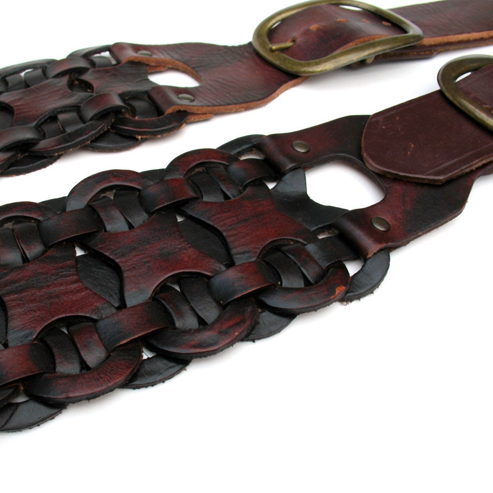 Rich Brown and Black Braided Leather Guitar Strap with Antique