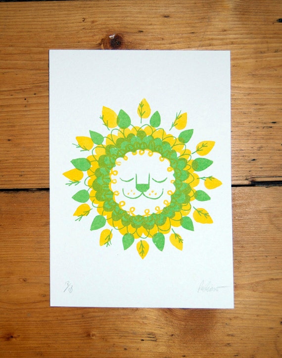Items similar to Dudley Lion screenprint - Yellow / Green - A5 ...