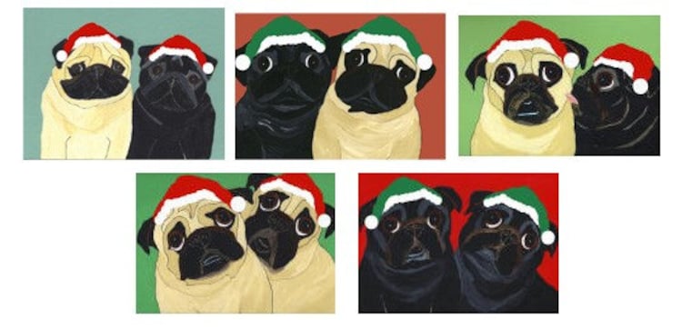 Holiday Pug Cards Festive Black and Fawn Pugs in by pugnotes