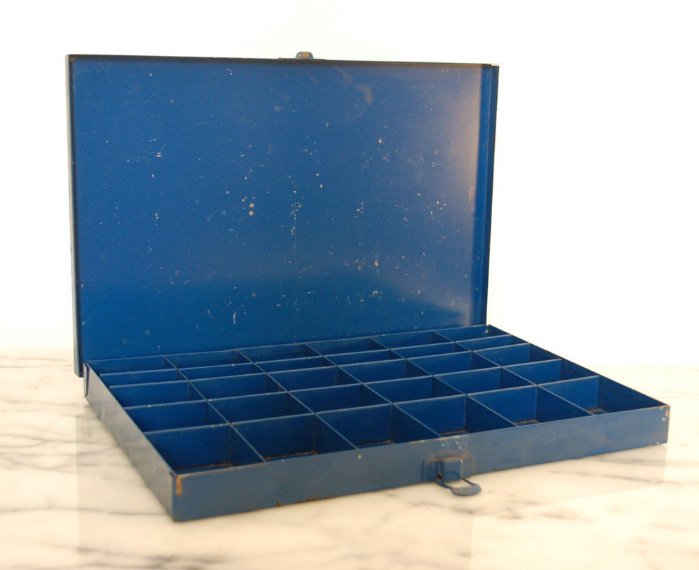 blue metal storage box with compartments industrial