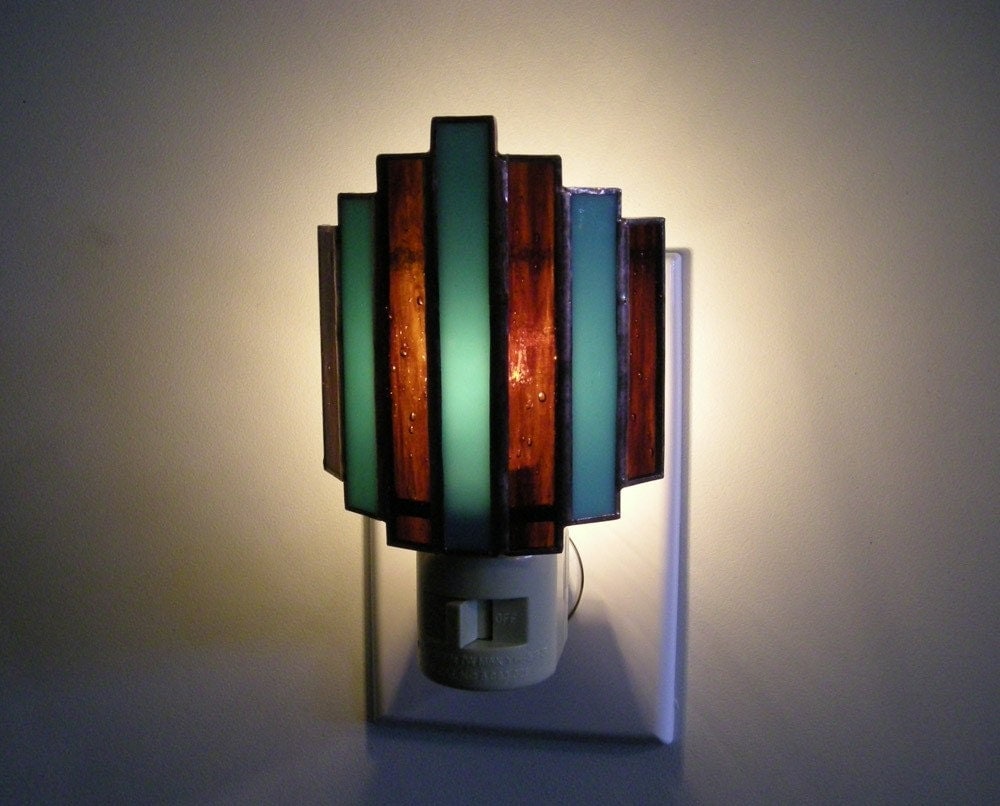 Art Deco Night Light in Sky Blue and Chocolate Brown Stained