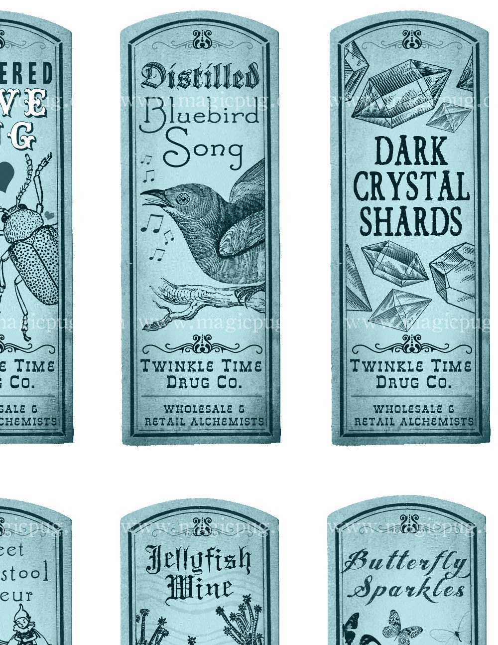 Fantasy Magic Potion Labels II BLUE digital collage sheet 1x3