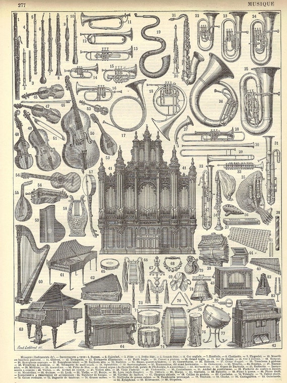 Antique Engraving of Musical Instruments from the French