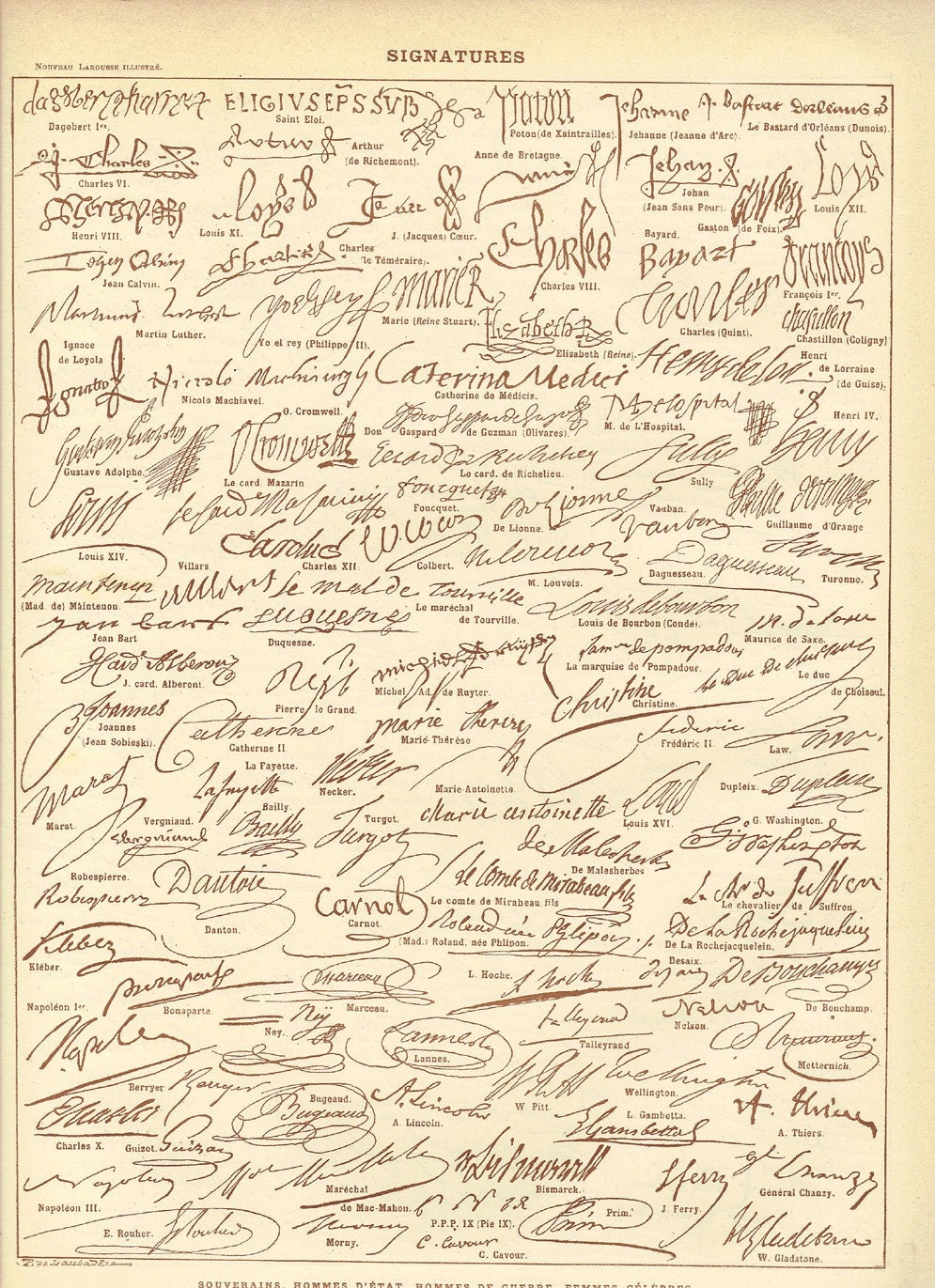 Antique Brown Engraving of Famous Signatures from the French