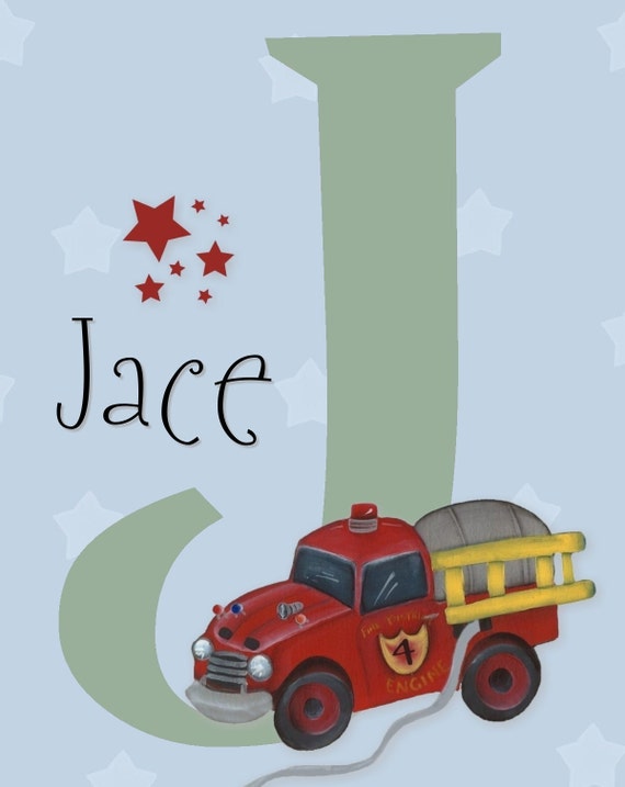 Vintage Fire Truck LETTER Wall Art Print