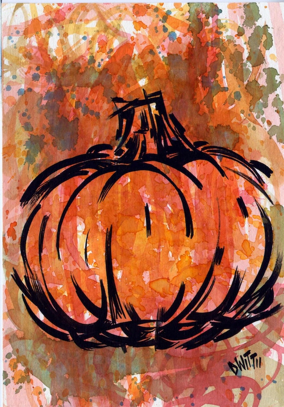 Abstract Pumpkin original ink and watercolor painting