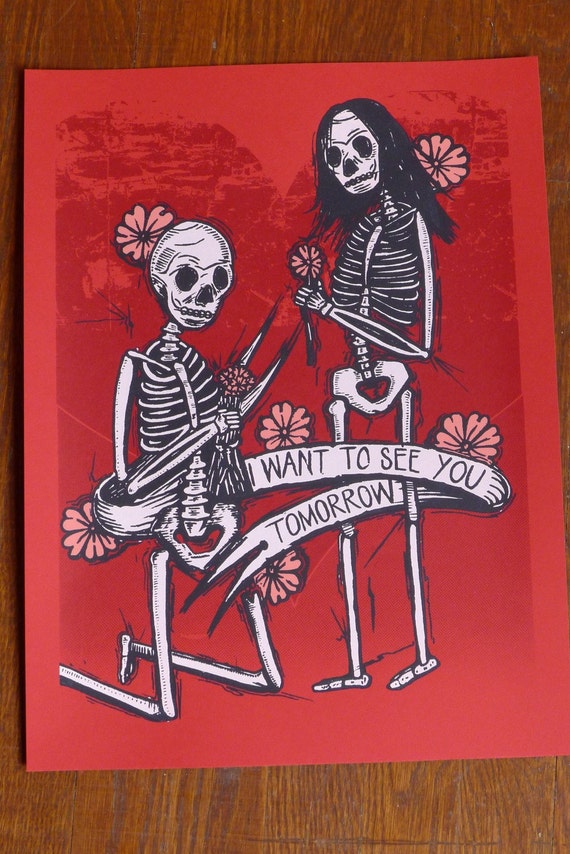 Items Similar To Screen Printed Art Print Skeletons Valentines Love Stuff 4 Color Print On Etsy
