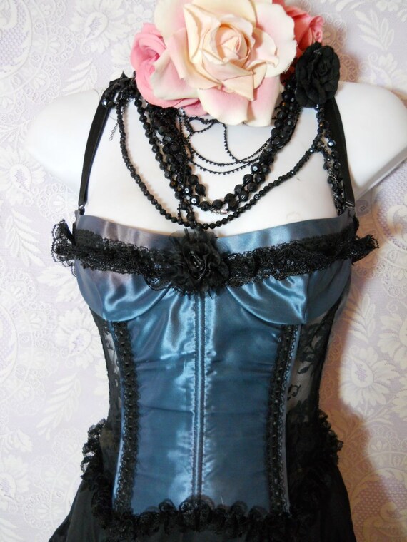 Teal blue satin black lace vintage bustier by vintageopulence