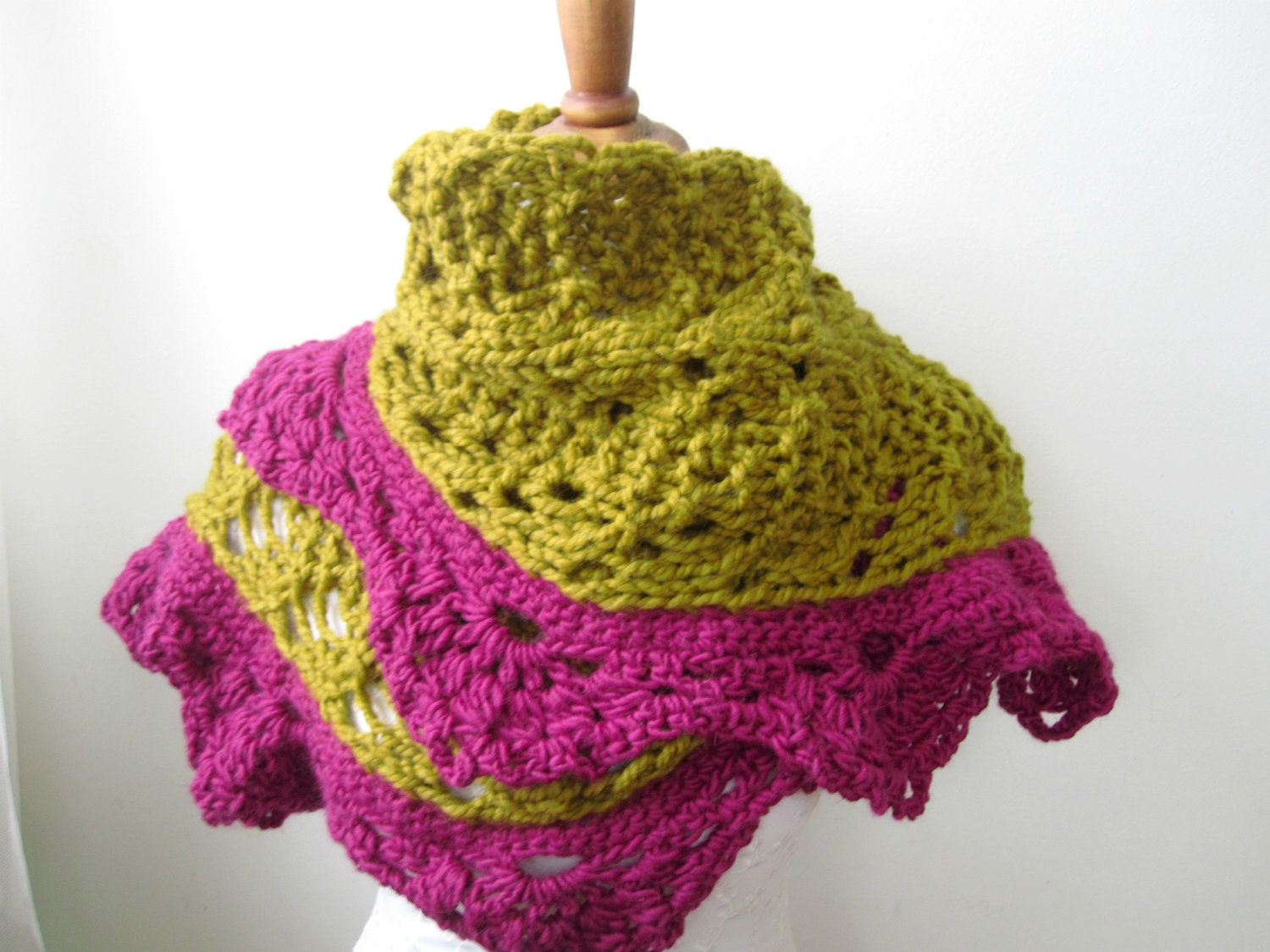 Chunky Chartreuse Knitted Shawl with Pink Lacy by KerreraSkye