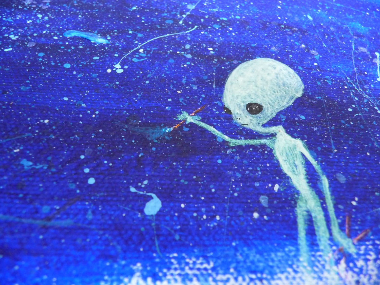 Alien painter with blue splatter acrylic painting 5x18