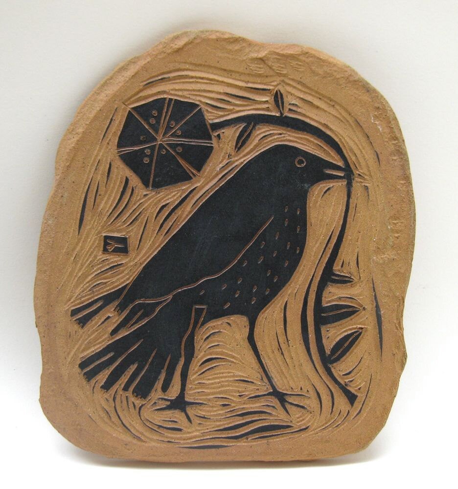 hand-carved ceramic art tile crow with gift