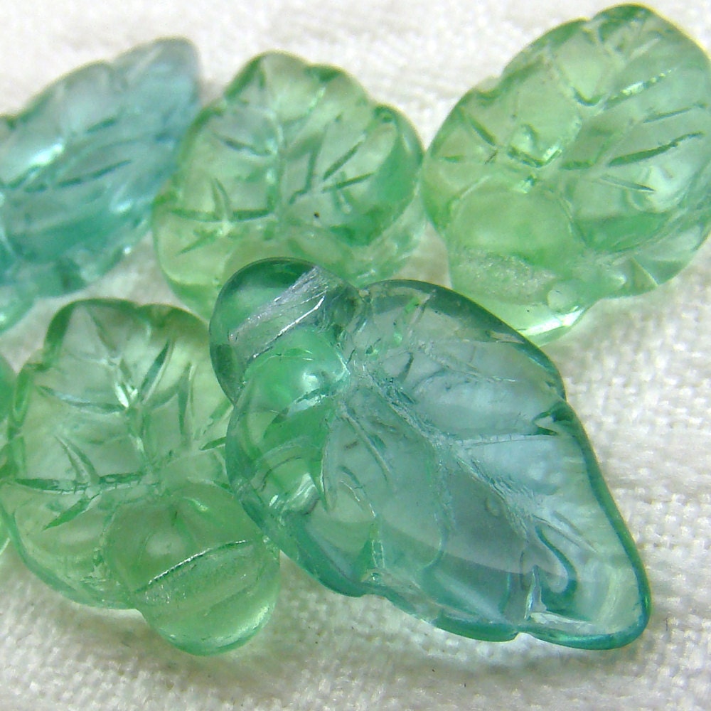 Glass leaf beads green aquamarine large offset by laurelmoon