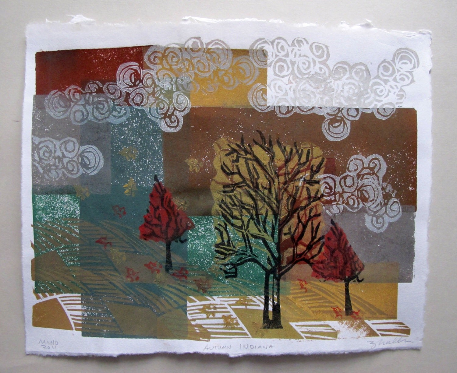 Linocut Relief Collage Monoprint with Trees and by zmedceramics