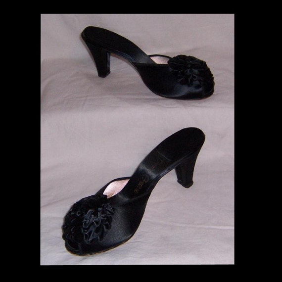 Vintage 40s 50s Black Satin Slipper Pin Up Bedroom Style Heels