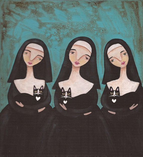 Nuns and Cats Original Cat Folk Art Painting