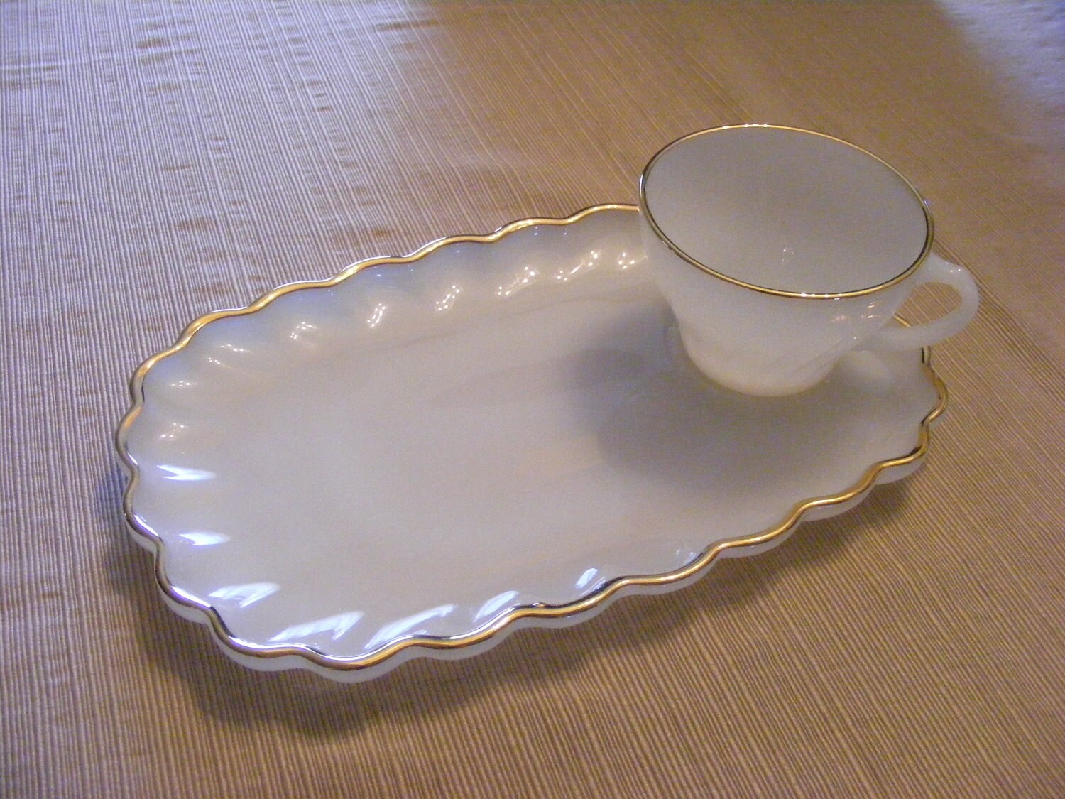 Anchor Hocking Fire King Milk Glass Luncheon Plate and Cup Snack Set ...