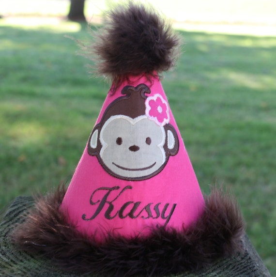 Personalized Modern Monkey Birthday Hat Name Girl Pink