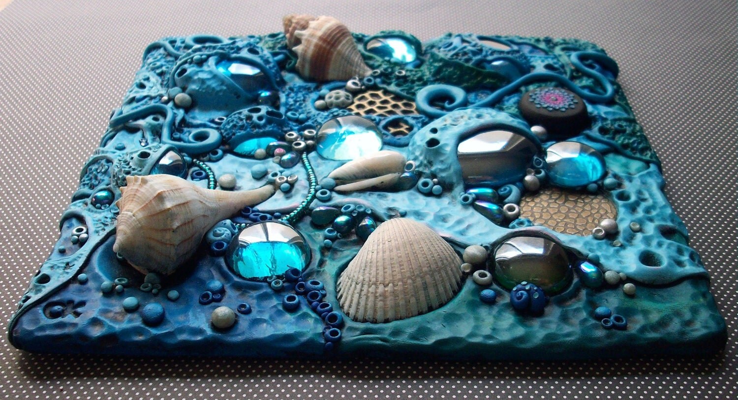 Mosaic Art Tile Polymer Clay Found Objects Sea Shells At