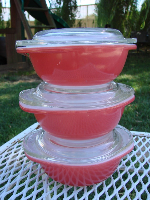 3 Vintage PYREX Flamingo PInk 8 Ounce Small Covered Individual