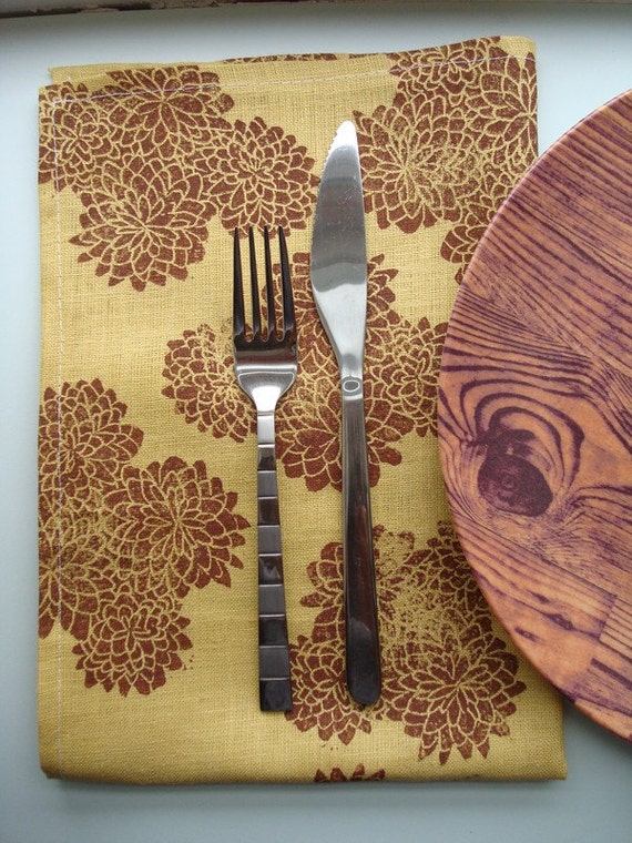 block print linen napkins. set of four. brown mums on mustard.