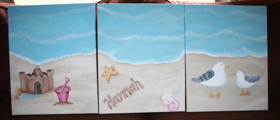 Personalized Beach Scene SET of 3 Canvas Triptych Paintings