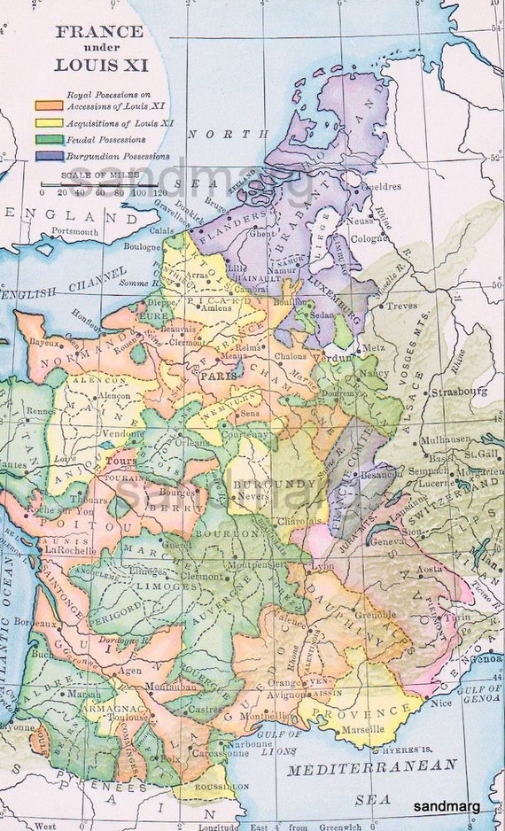 1901 Antique Map of France under Louis XI by sandmarg on Etsy