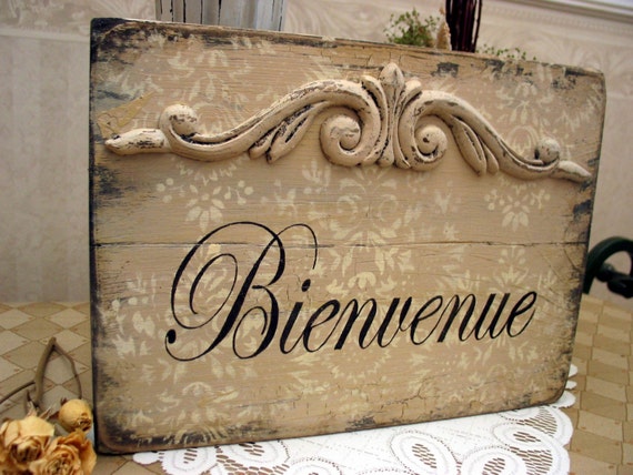 Bienvenue Welcome French shabby cottage chippy sign signs by
