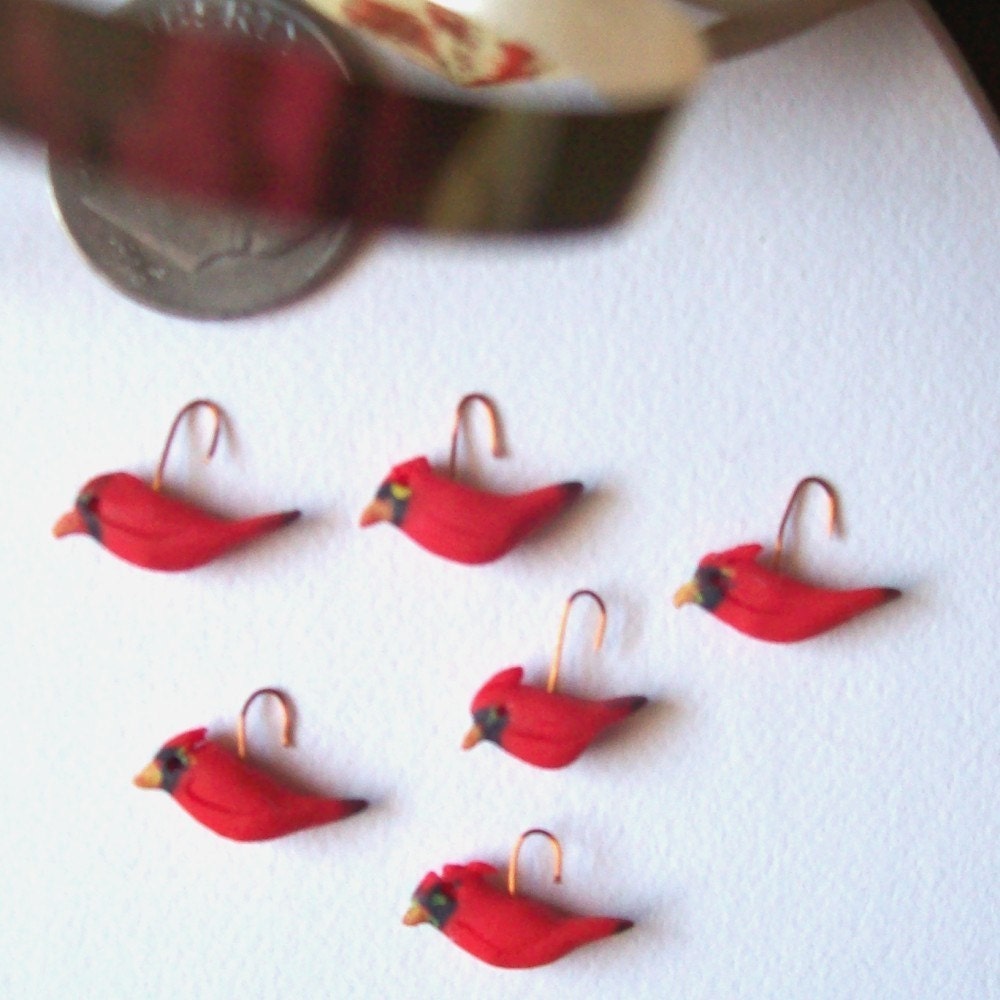 6 Cardinal Birds Micro Miniature Dollhouse Holiday Decor Tiny